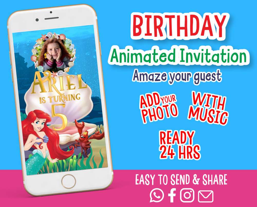 The Little Mermaid Birthday Invitation, Ariel Animated Party Invite