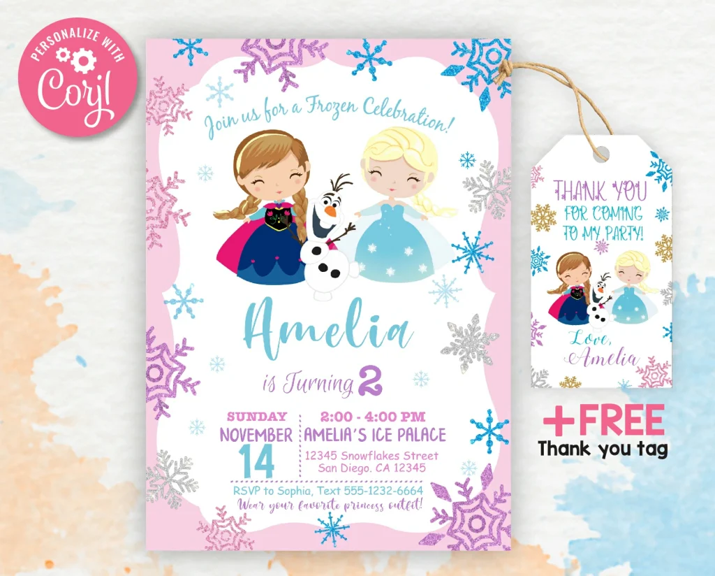 Frozen Birthday Party Invitation | Free thank you tag | Editable ...