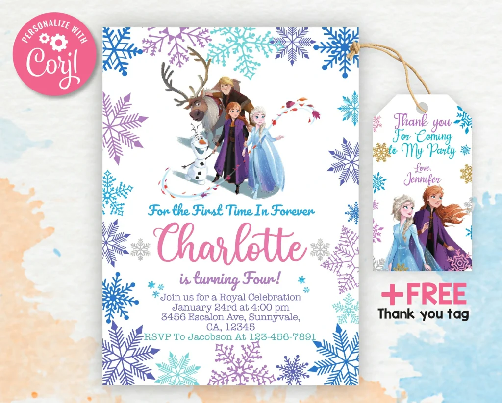 Frozen Birthday Party Invitation | Free thank you tag | Editable ...