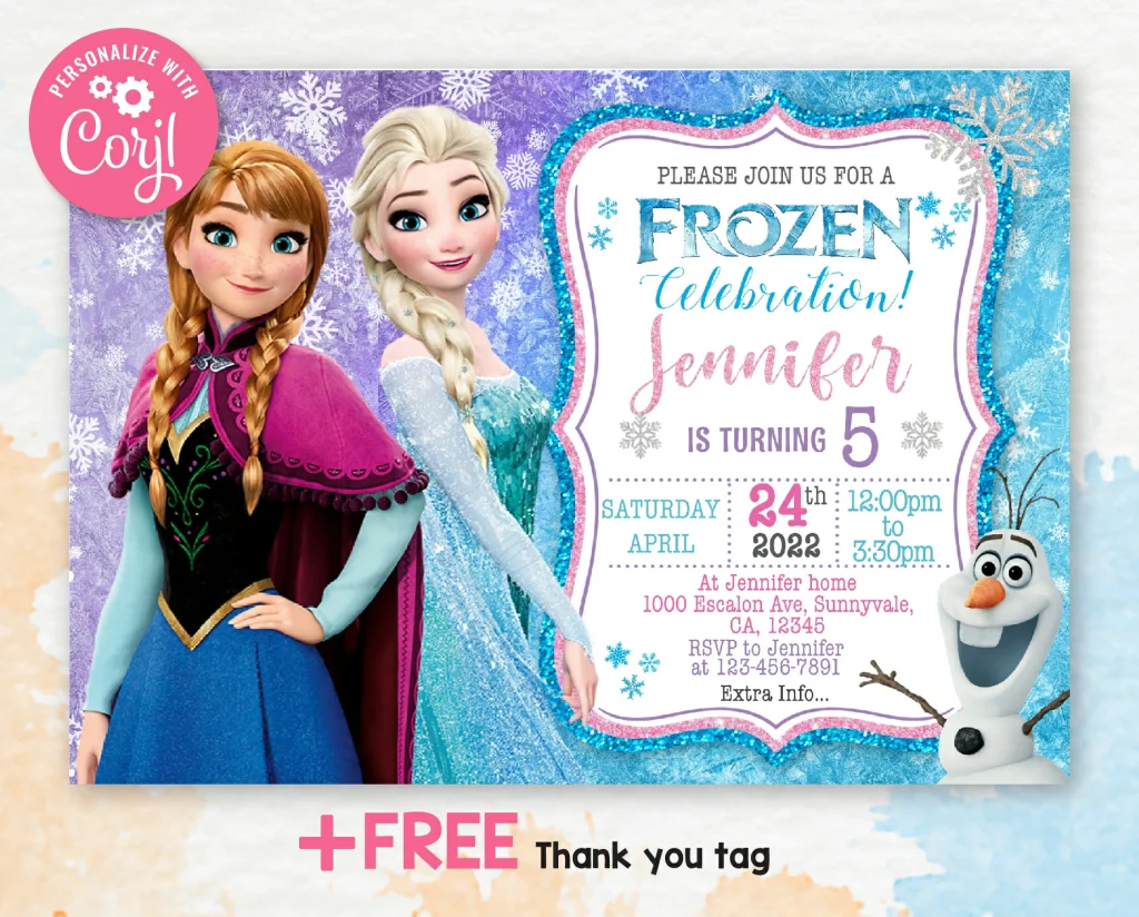 Frozen Birthday Party Invitation | Free thank you tag | Editable ...