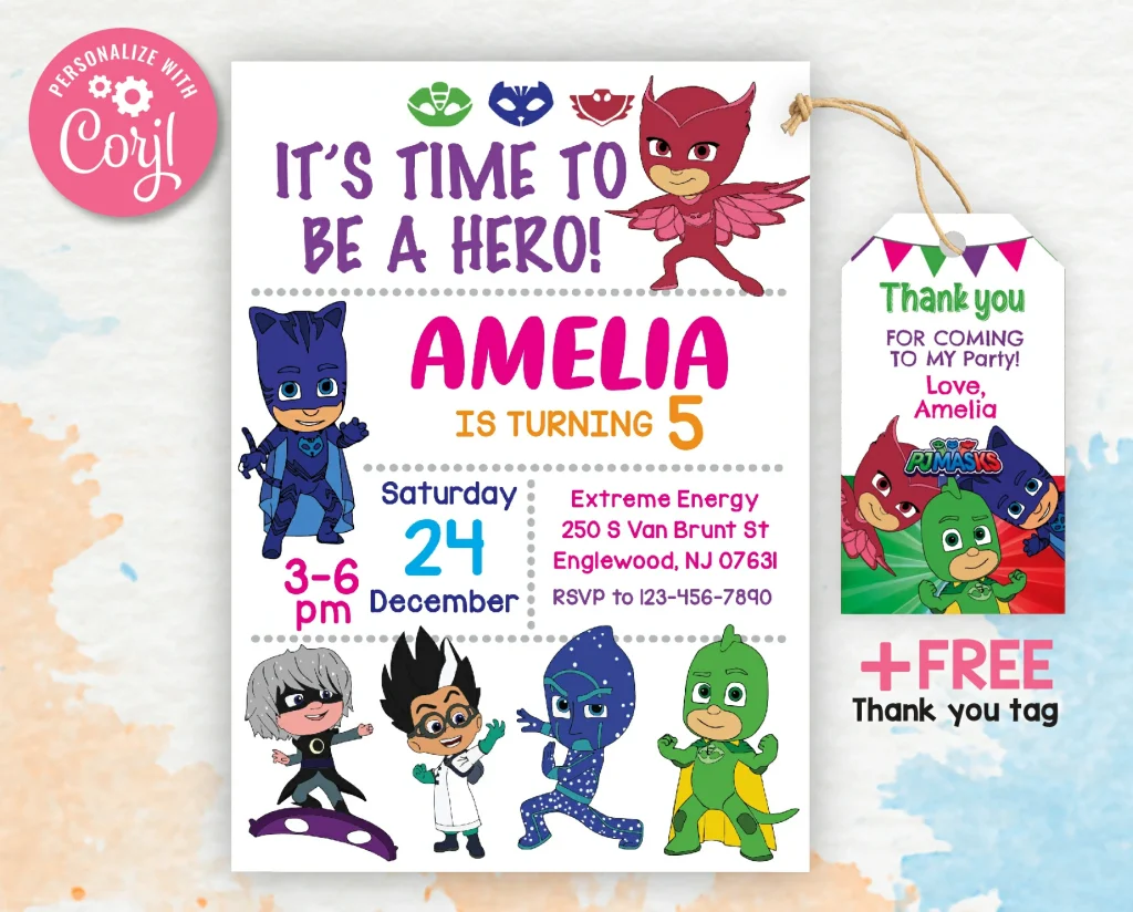 PJ Masks Birthday Party Invitation | Free thank you tag | Editable ...