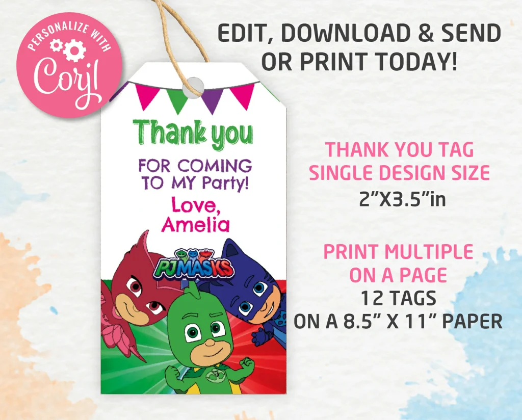 PJ Masks Thank you tags, Thank you gifts Template, Editable, Printable ...