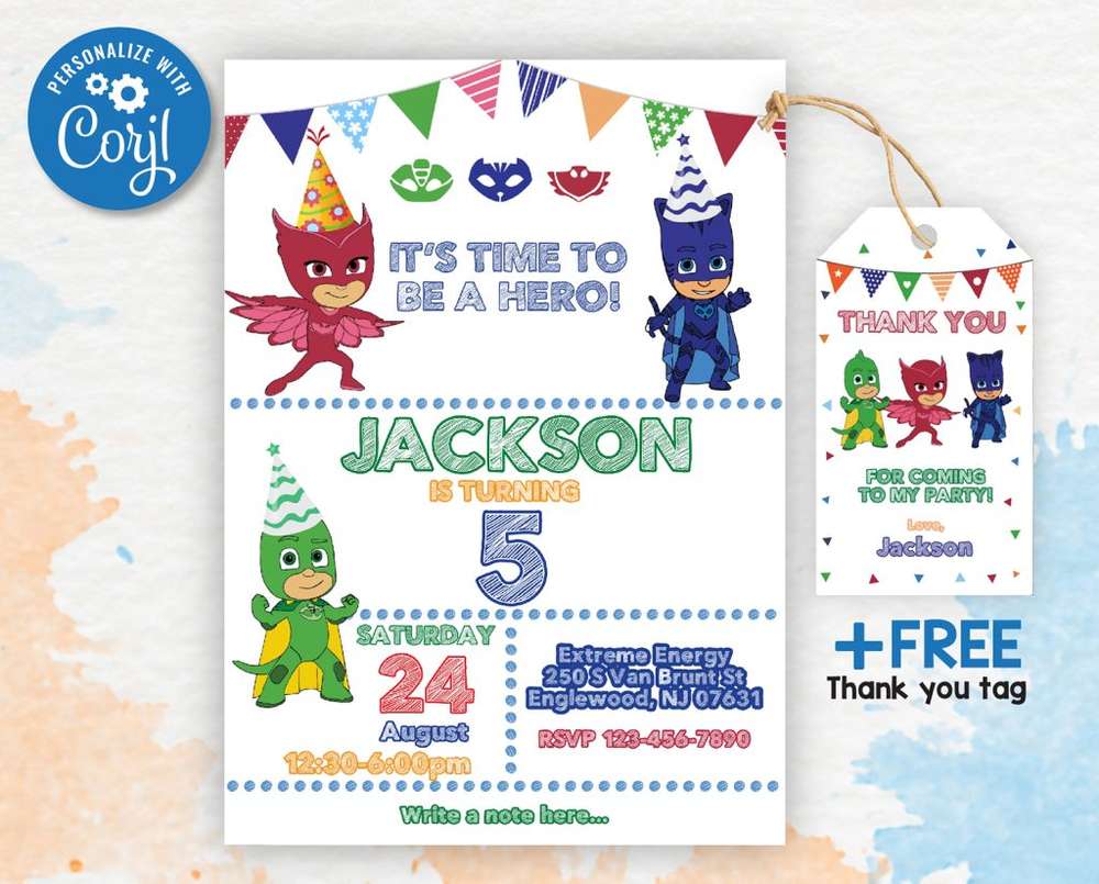 PJ Masks Birthday Party Invitation | Free thank you tag | Editable ...